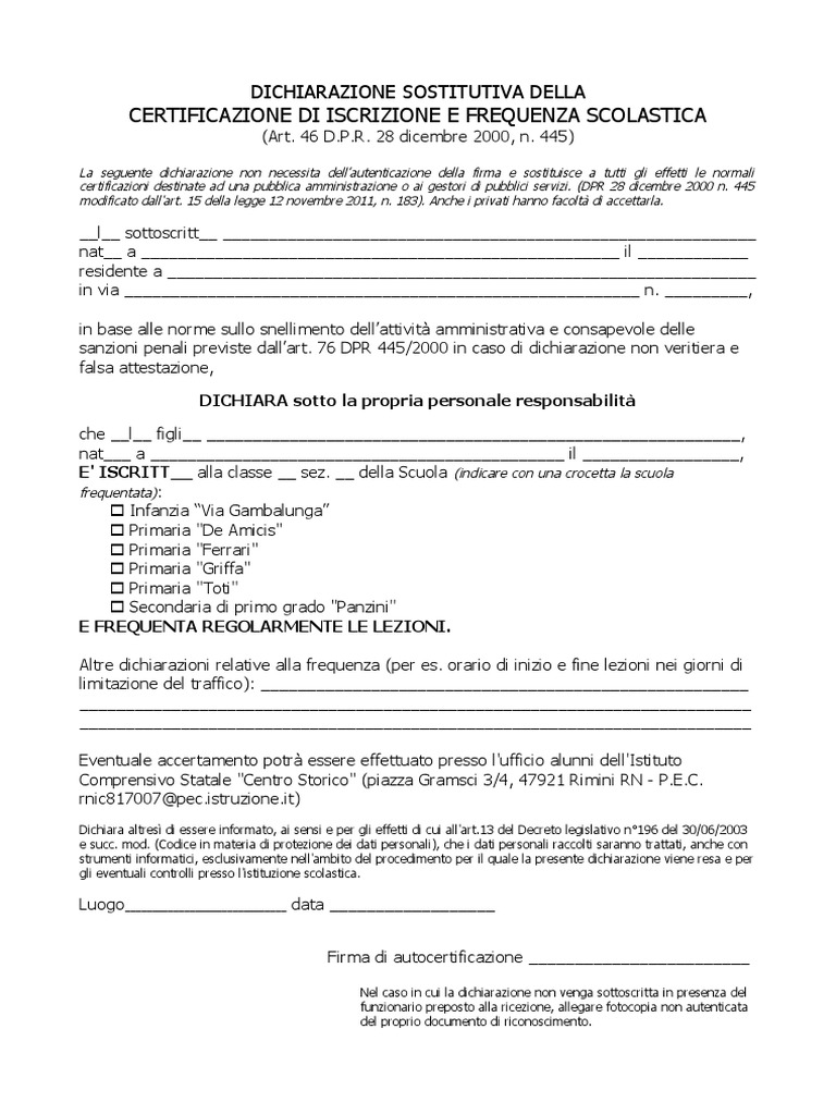 Autocertificazione Iscrizione e Frequenza | PDF