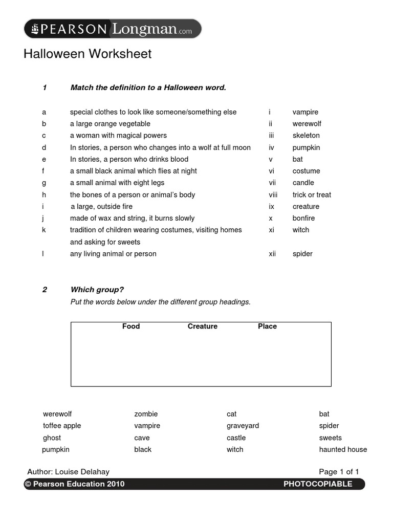 Halloween Worksheet: 1 Match The Definition To A Halloween Word | PDF