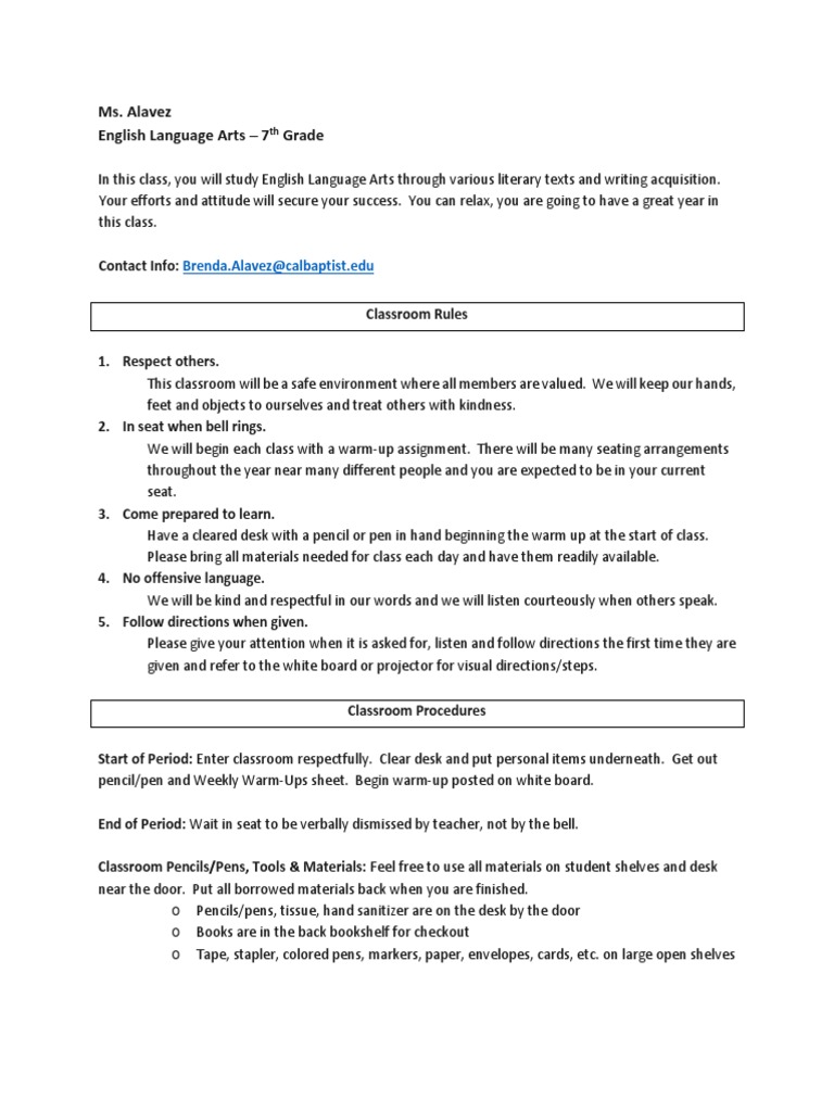 7th Grade ELA Classroom Guidelines | PDF | Homework | Classroom