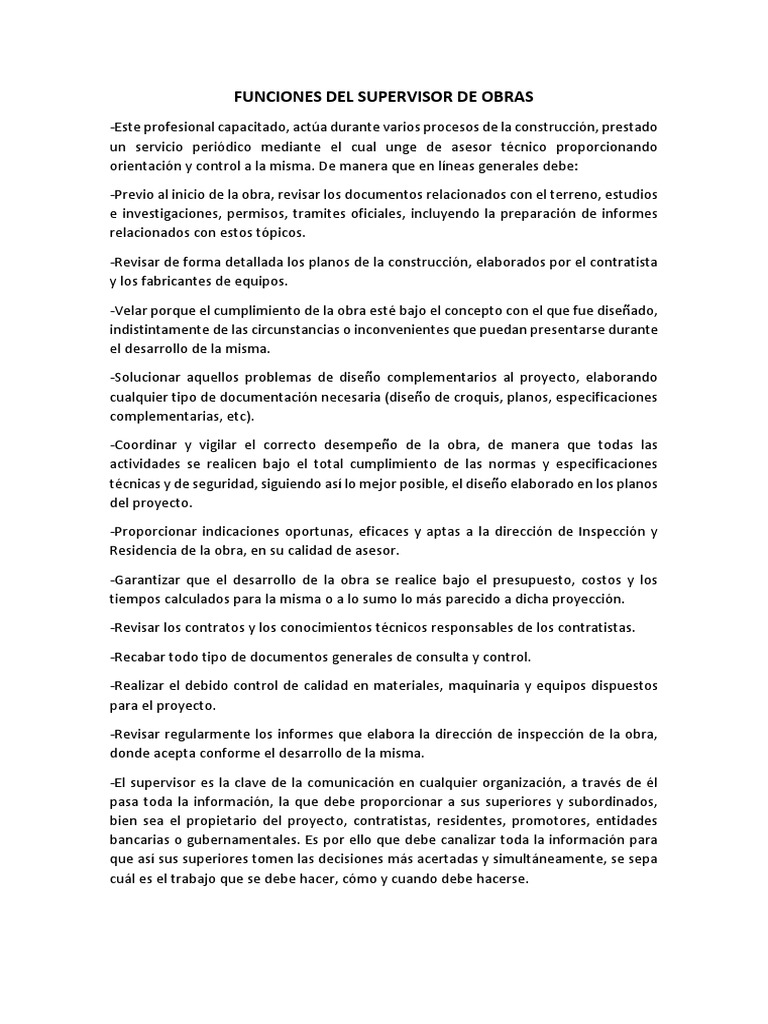 Funciones Del Supervisor de Obras | PDF