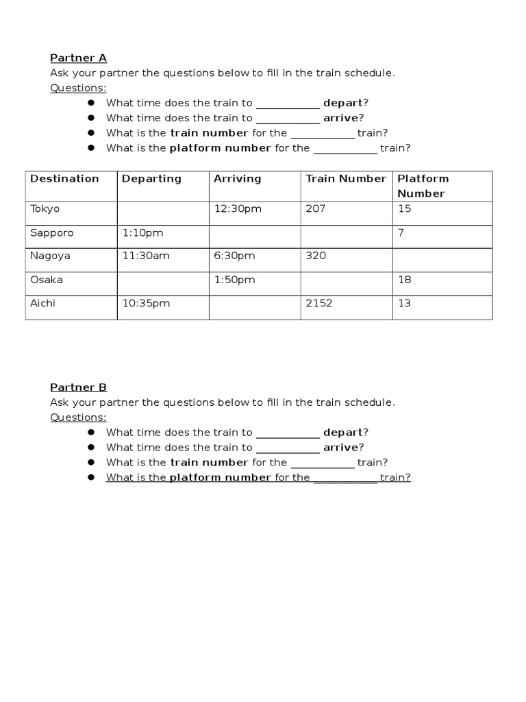 Train Timetable Information Gap Worksheet Fun Activities Games 51160 | PDF