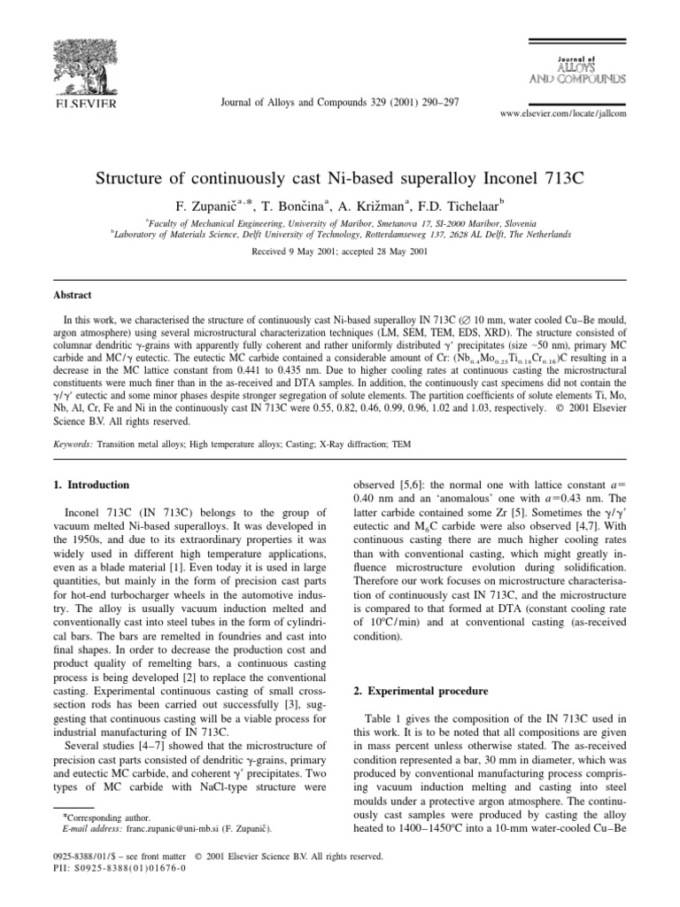 Structure of Continuously Cast Ni-Based Superalloy Inconel 713C | PDF ...