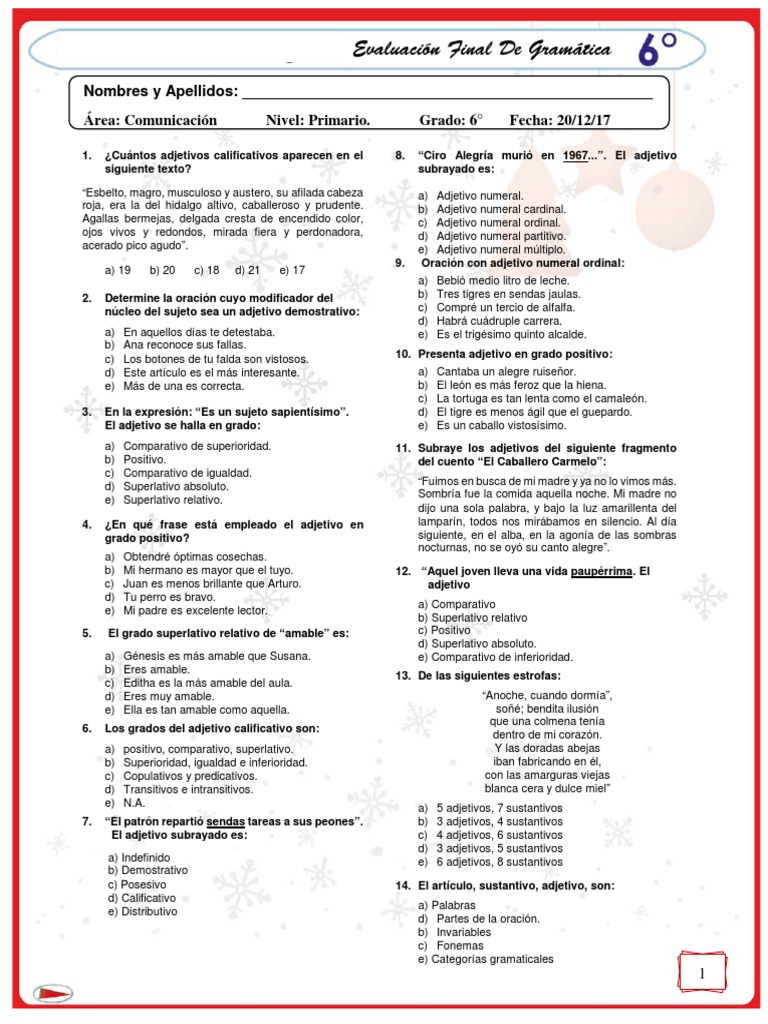 Examen Final 6to Gramatica | Adjetivo | Vocabulario