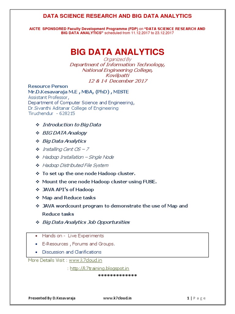 AICTE SPONSORED Faculty Development Programme (FDP) On "DATA SCIENCE RESEARCH AND BIG DATA ...