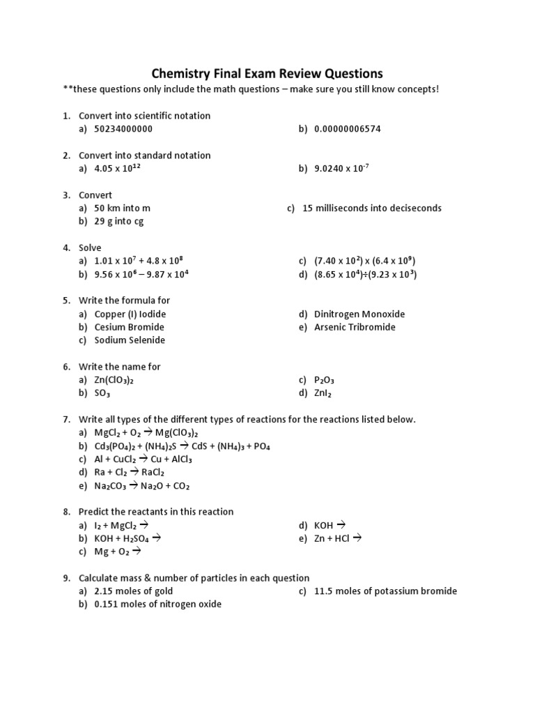 Chemistry Final Exam Review Questions | PDF | Gases | Oxygen