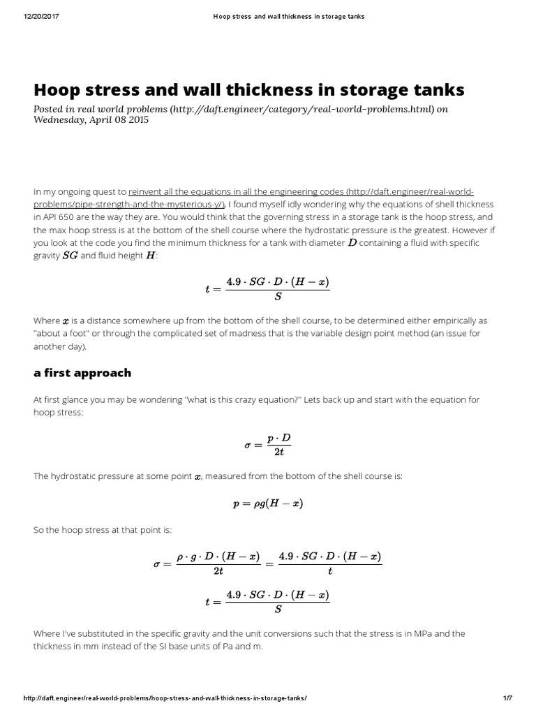 Tank Wall Thickness and Hoop Stress | PDF | Stress (Mechanics ...