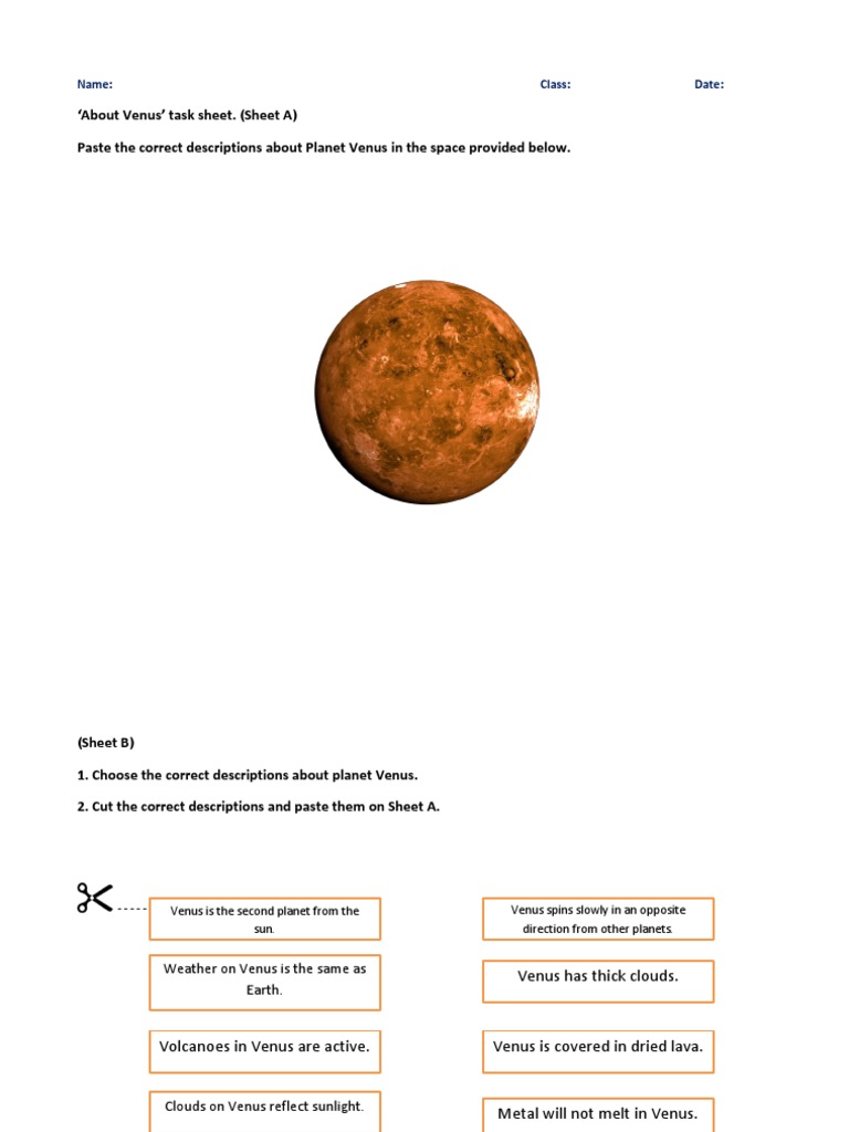 About Venus' Task Sheet. (Sheet A) Paste The Correct Descriptions About ...