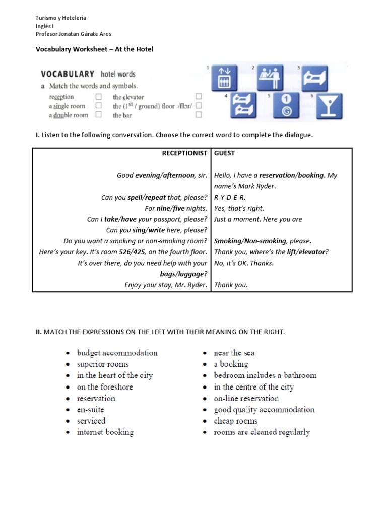 Hotel Vocabulary Worksheet PDF | PDF | Linguistics