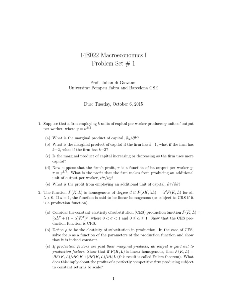 Macroeconomics 1 Problem Set1 | PDF | Production Function | Teaching ...