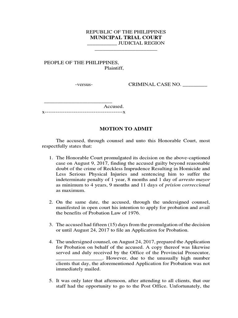 Sample Motion To Admit | PDF | Equity (Law) | Probation