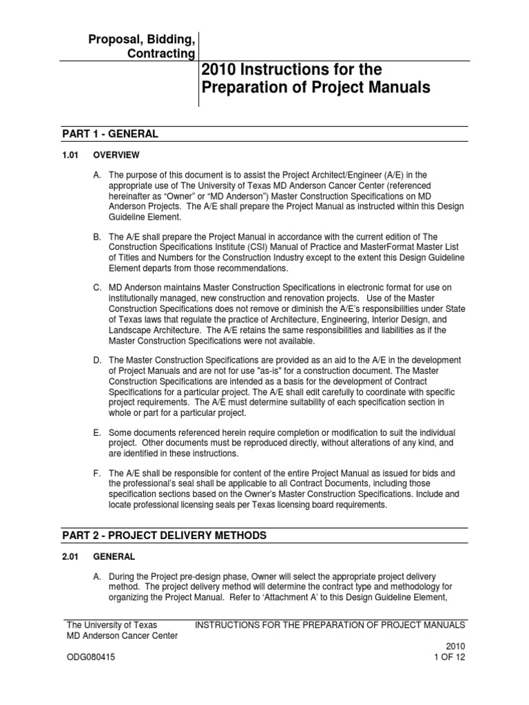 2010 Instructions For The Preparation of Project Manuals: Proposal ...