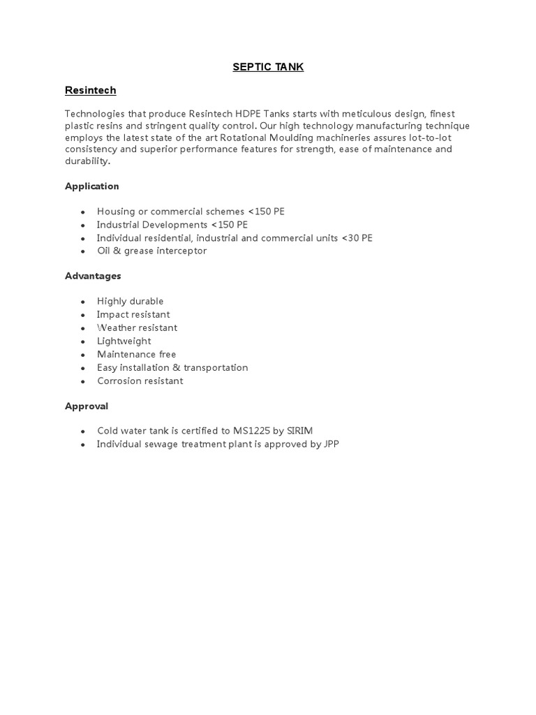 Septic Tank Resintech: Application | PDF | Materials | Building Materials