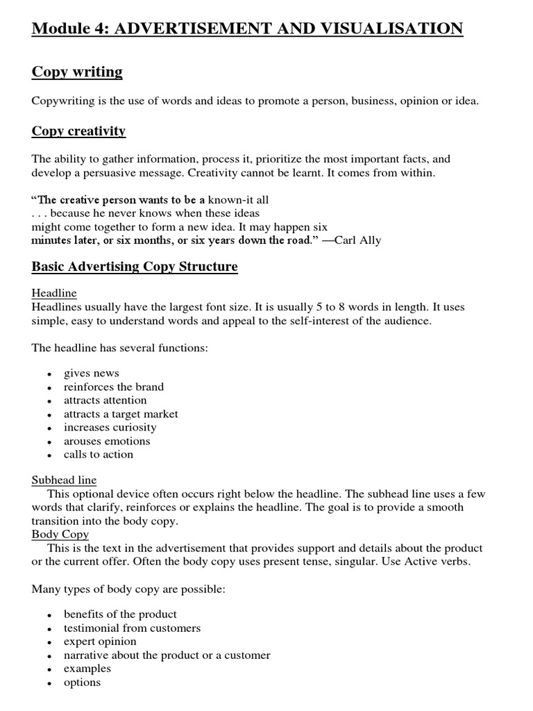 Module 4: Advertisement and Visualisation: Copy Writing | PDF ...