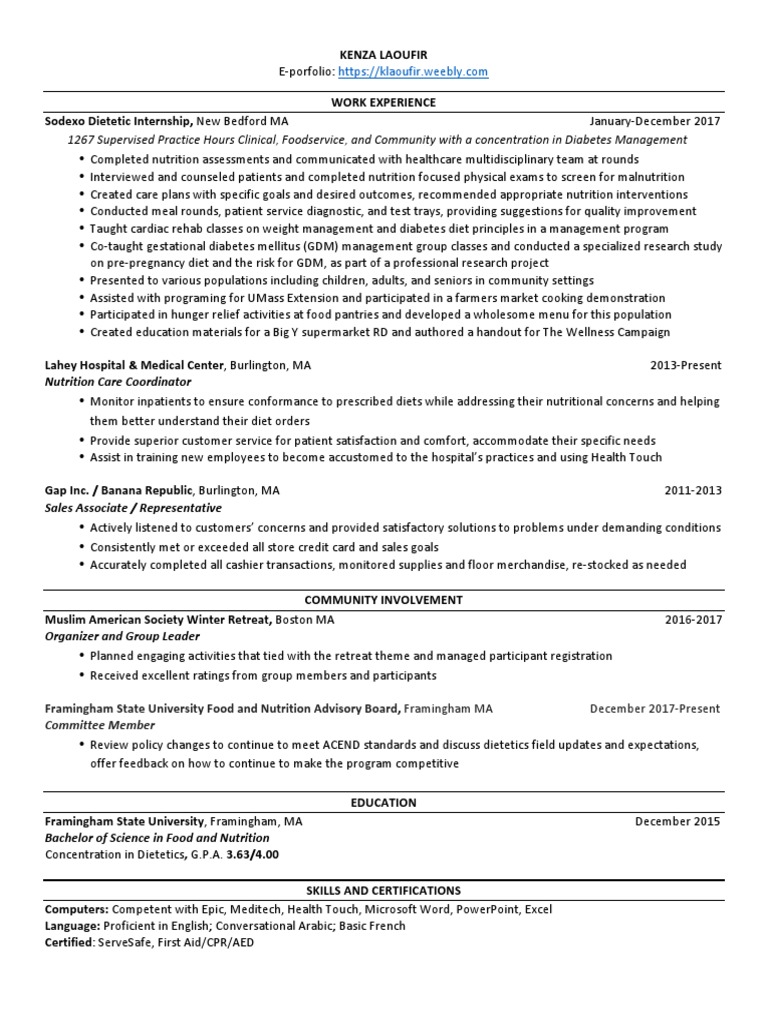 Kenzal Resume Weebly PDF | PDF | Dietitian | Nutrition