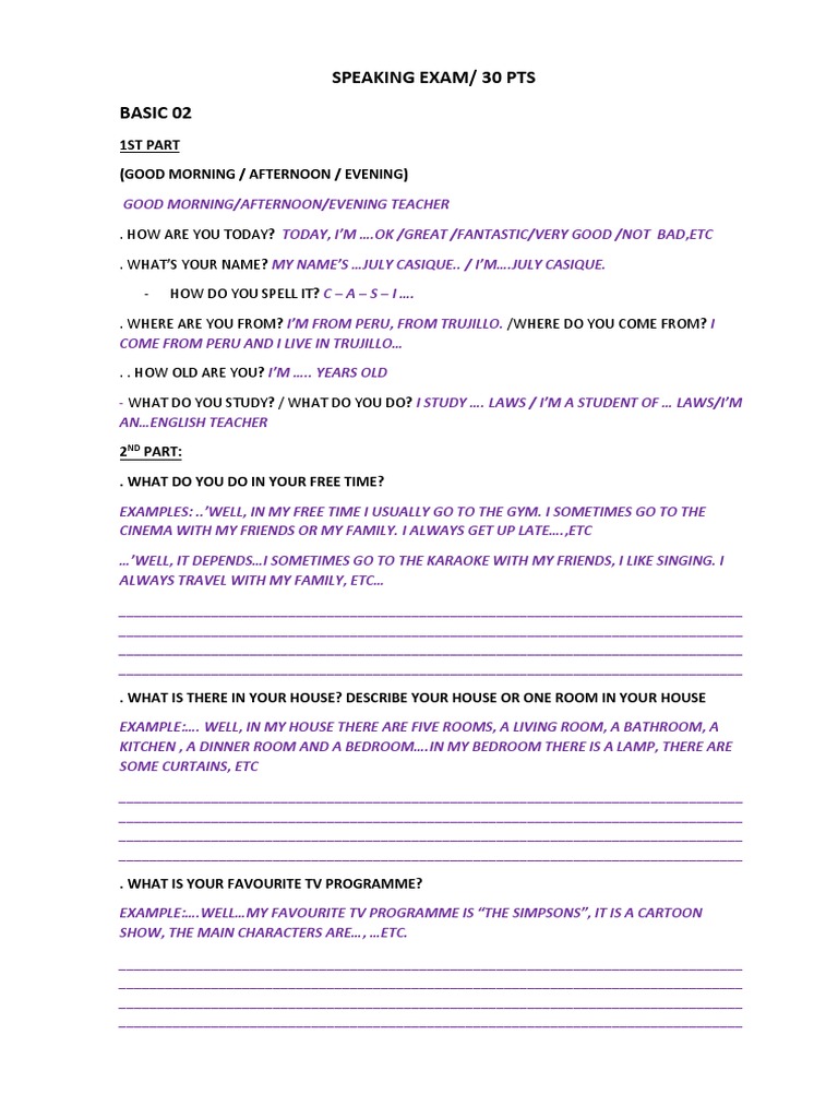 Speaking Exam/ 30 Pts Basic 02: 1St Part (Good Morning / Afternoon / Evening) | PDF | Behavior ...