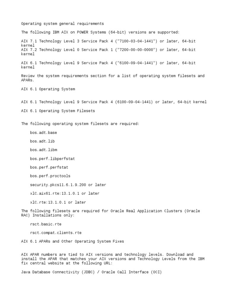 Operating System Requirements for IBM AIX on POWER Systems (64-bit) and Necessary Filesets ...