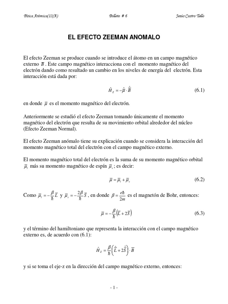 f.6 Efecto Zeeman Anomalo | PDF | Configuración electronica | Electrón