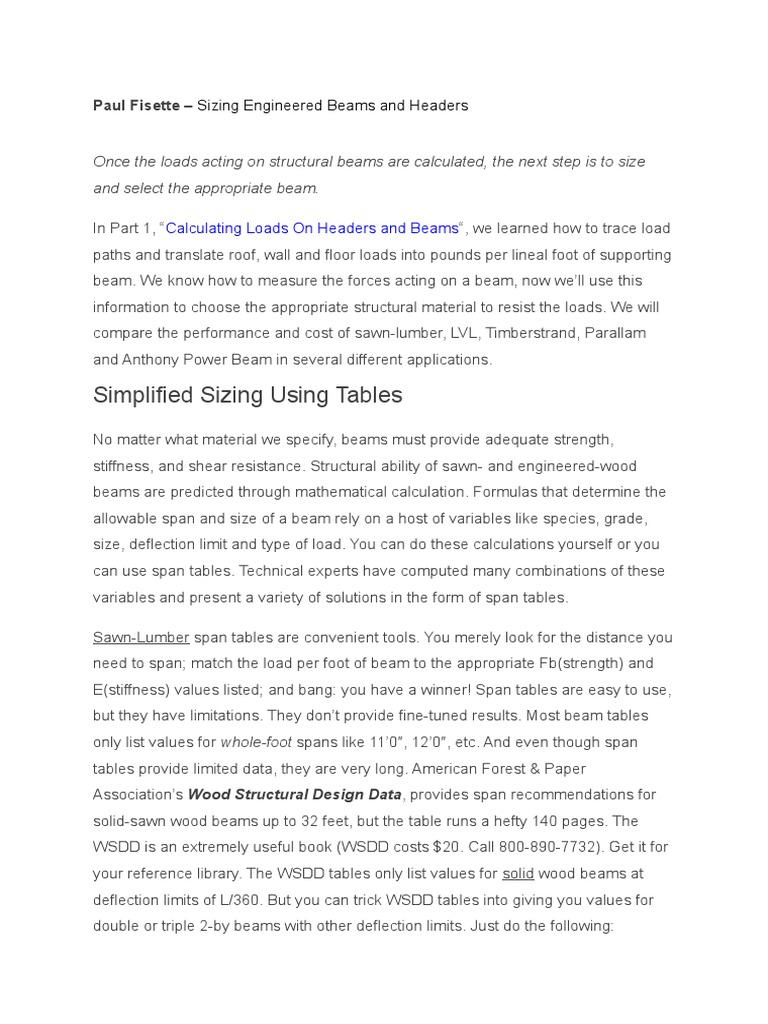 Sizing Engineered Beams and Headers Guide | PDF | Lumber | Beam (Structure)