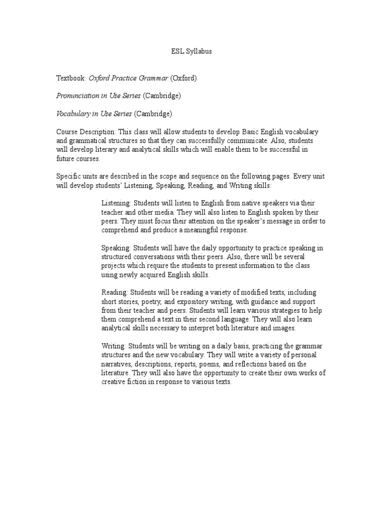 ESL Syllabus | PDF | English Language | Vocabulary