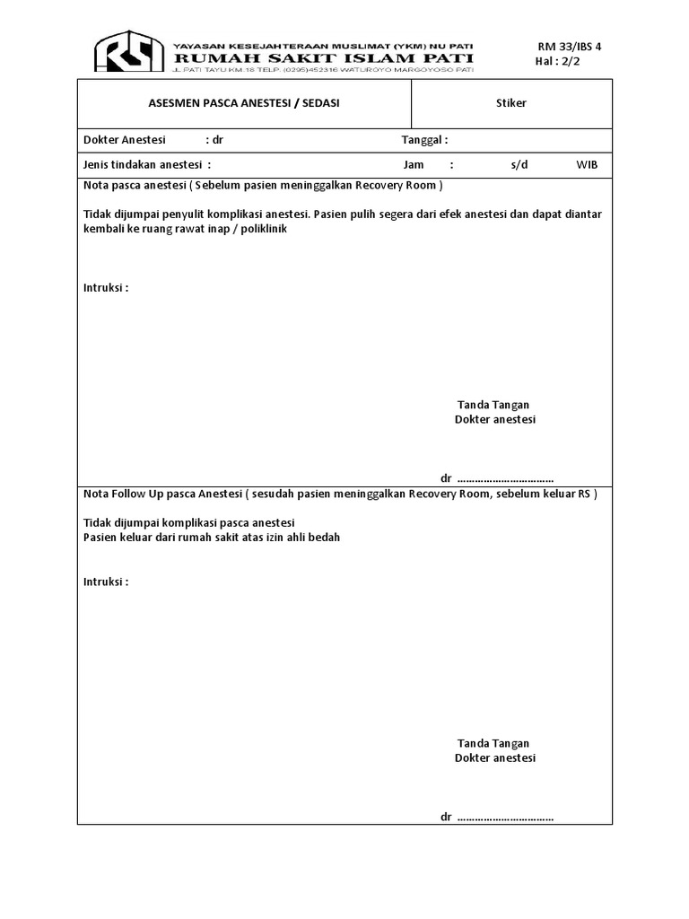 Asesmen Pasca Anestesi | PDF