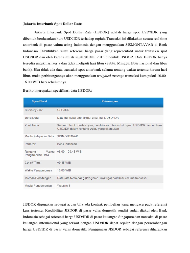 Definisi dan Fungsi JISDOR USD/IDR | PDF