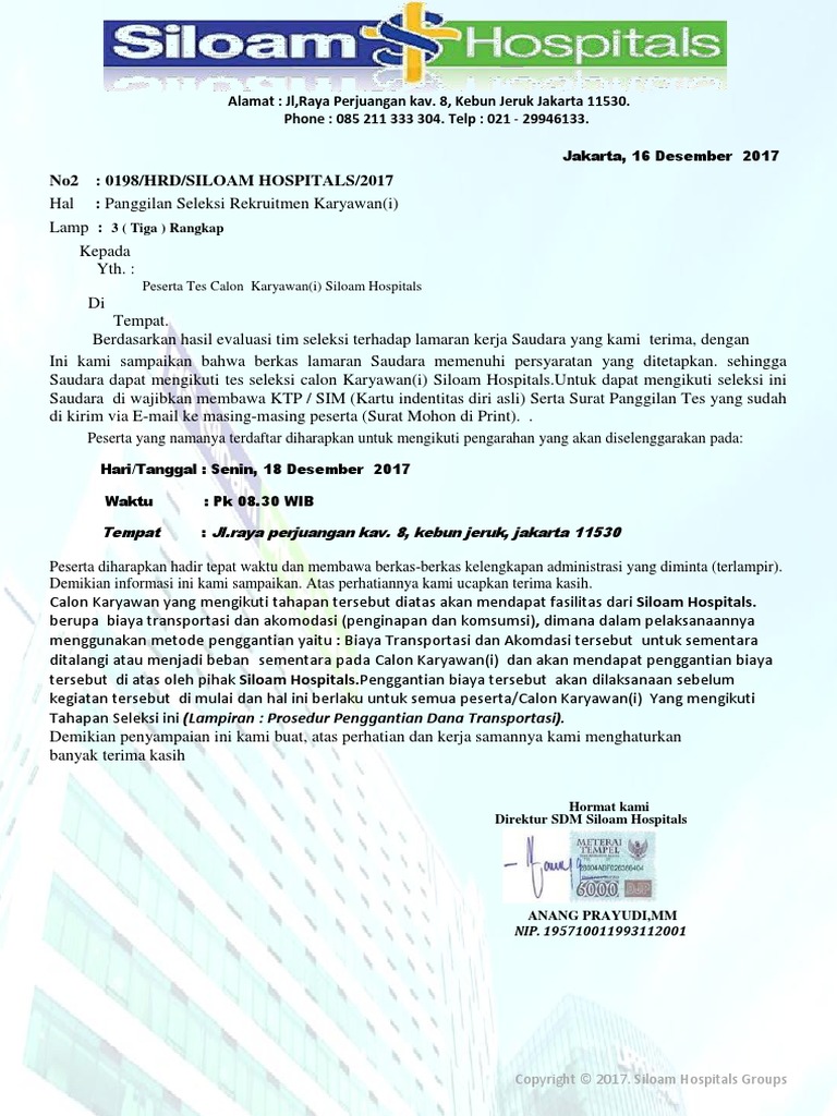 Surat Resmi RS Siloam Jkt. | PDF
