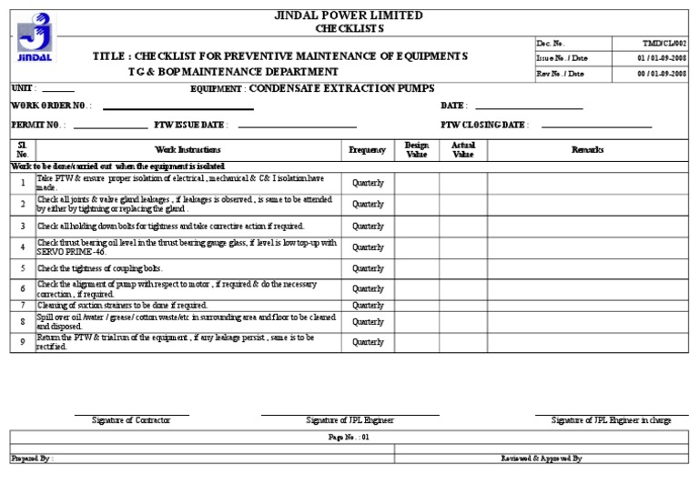 Checklists Title: Checklist For Preventive Maintenance of Equipments TG ...
