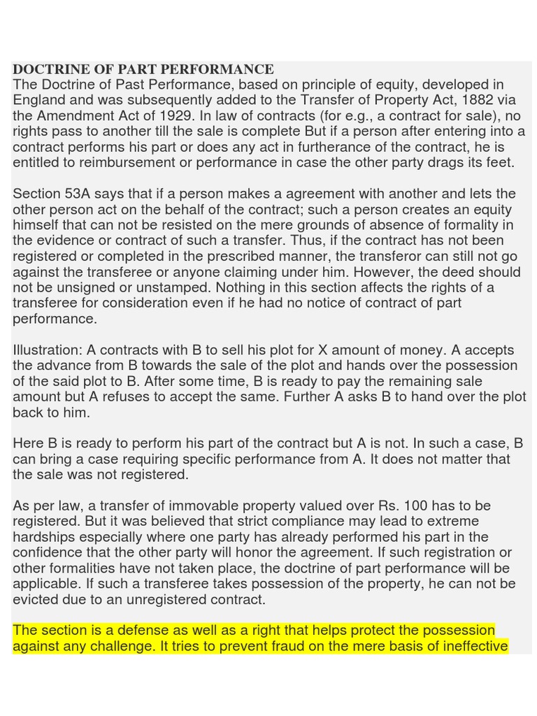 Doctrine of Part Performance | PDF | Lease | Consideration