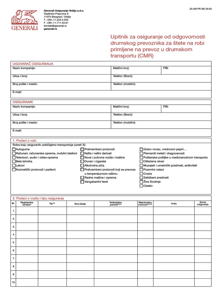 ZA (IM PR 06) 35-02 UPITNIK Za Osiguranje Od Odgovornosti Drumskog Prevo... | PDF