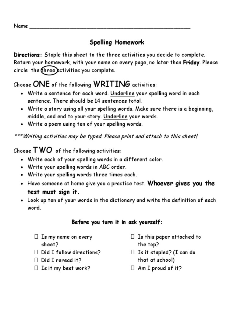 Spelling Homework Instructions and Activities | PDF