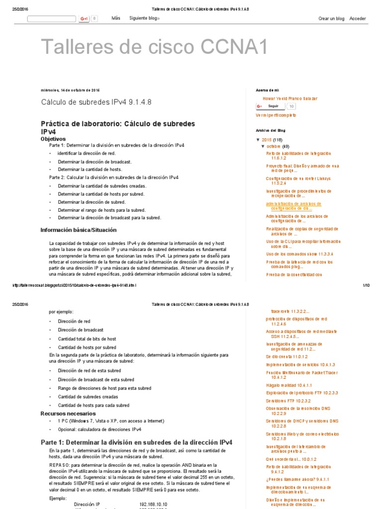 Talleres de Cisco CCNA1 - Cálculo de Subredes IPv4 9.1.4 | PDF | Dirección IP | Protocolos de ...