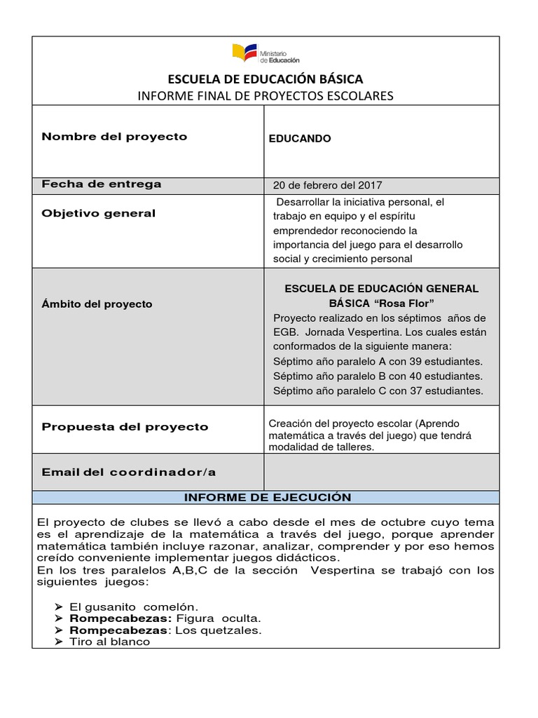 Modelo Informe de Proyecto Escolar | PDF | Maestros | Aprendizaje
