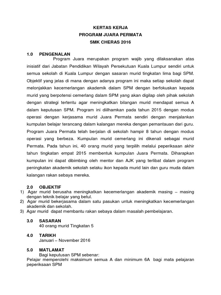 Program Juara Permata SMK Cheras 2016 | PDF
