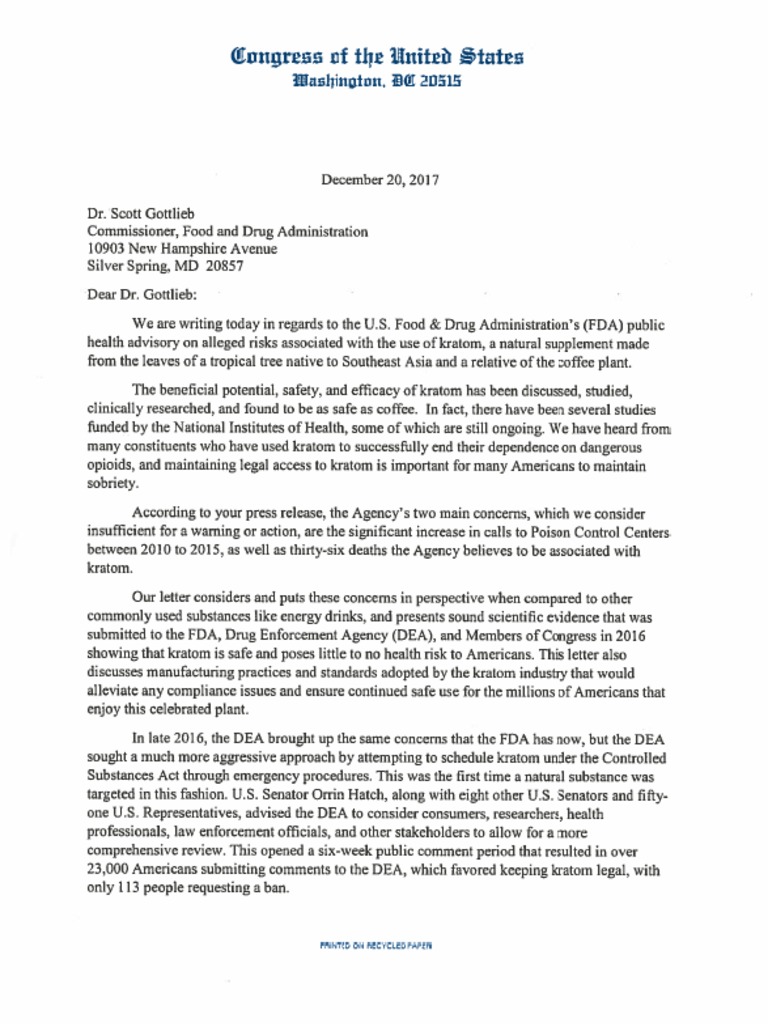 Congressional Letter To FDA Regarding Kratom Health Advisory | PDF