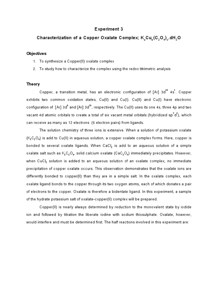 Copper Oxalate Complex Synthesis | PDF | Coordination Complex | Titration