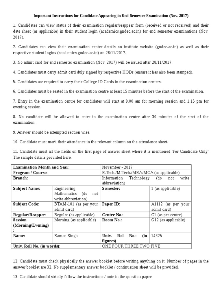 End Semester Exam Instructions Nov 2017 | PDF | Test (Assessment ...