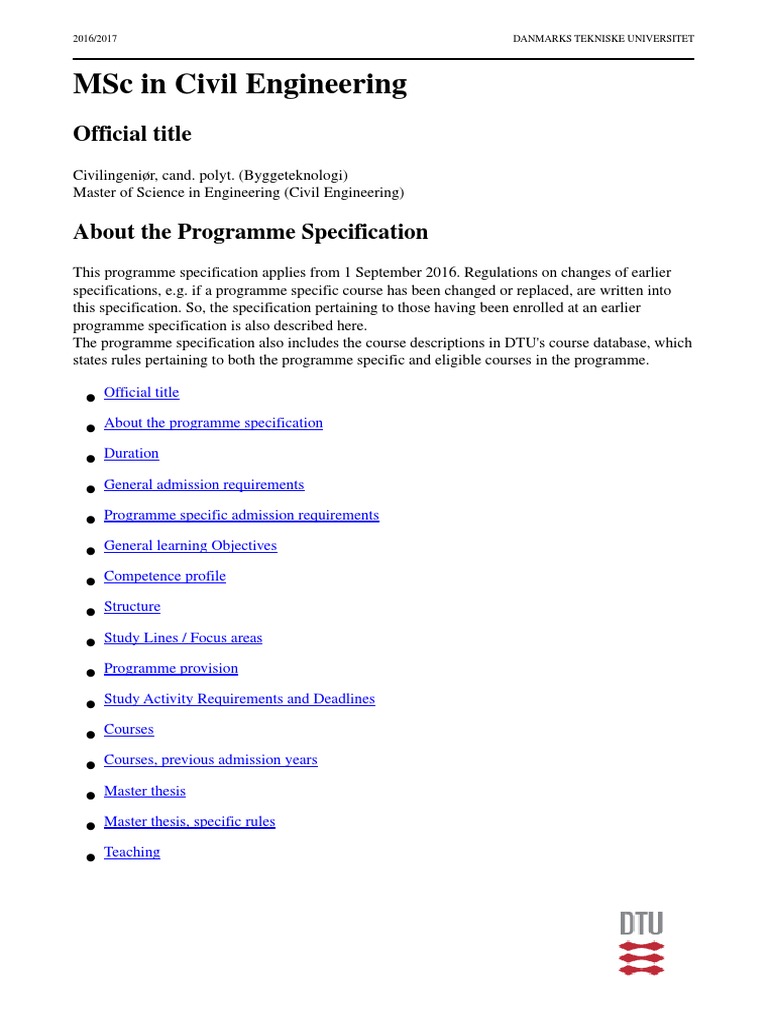 DTU MSc Civil Engineering Overview | PDF | Master's Degree | Thesis