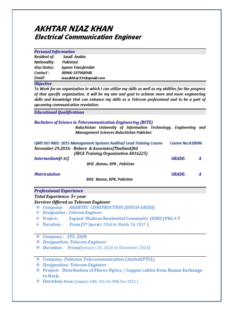 Electrical Communication Engineer CV | PDF | Telecommunications Engineering | Optical Fiber