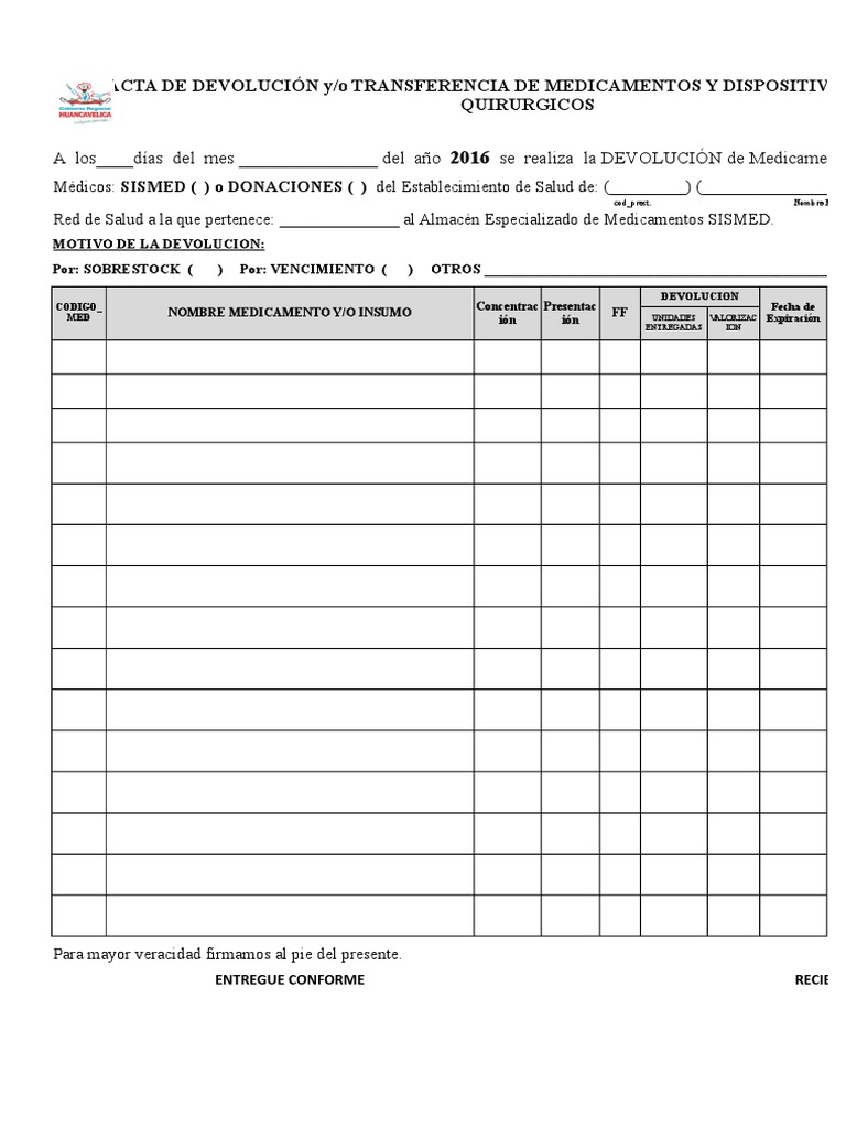 Acta de Devolucion de Medicamentos | Farmacia | Cuidado de la salud