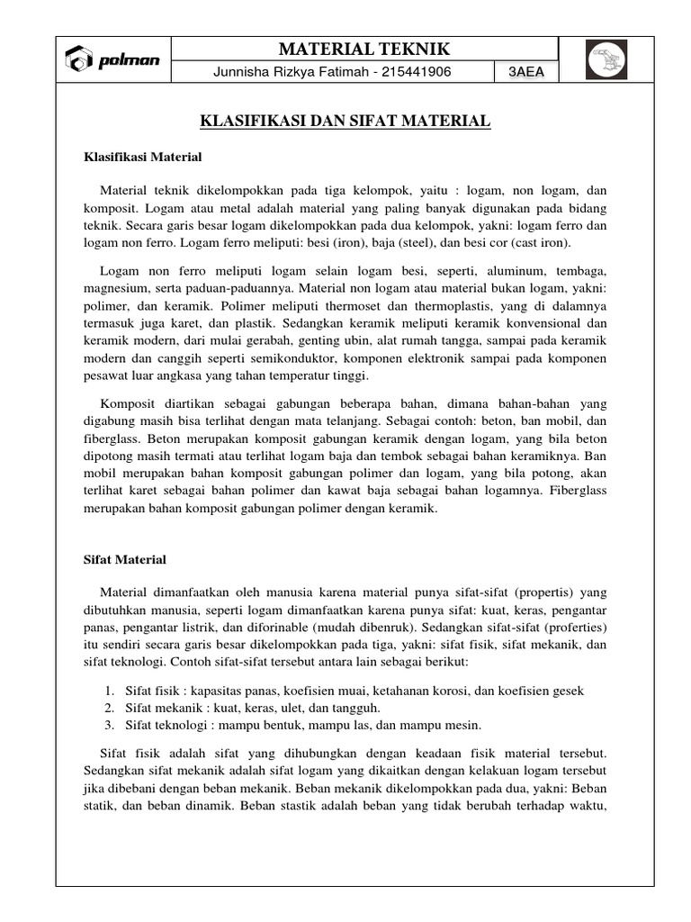 Tugas-Material Teknik - SIfat Dan Klasifikasi Material | PDF