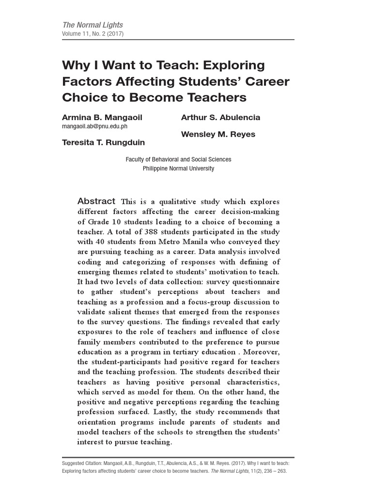 Why I Want To Teach: Exploring Factors Affecting Students' Career ...