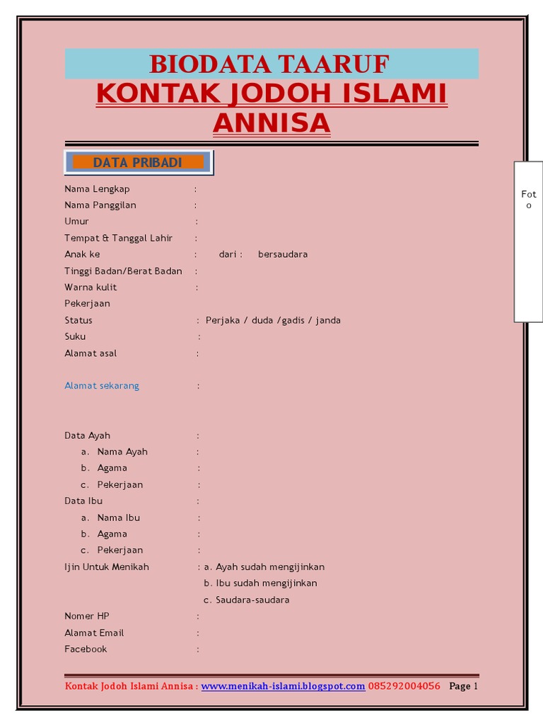 Biodata Taaruf Kontak Jodoh Islami Annisa | PDF