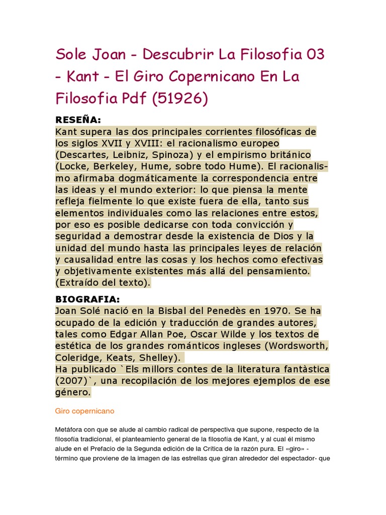 El Giro Copernicano de Kant en Filosofía | PDF | Immanuel Kant ...