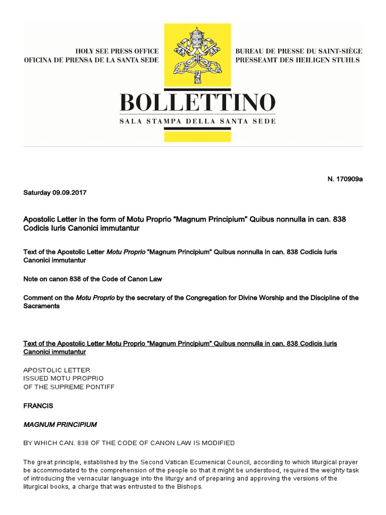 Apostolic Letter in The Form of Motu Proprio "Magnum Principium" Quibus ...