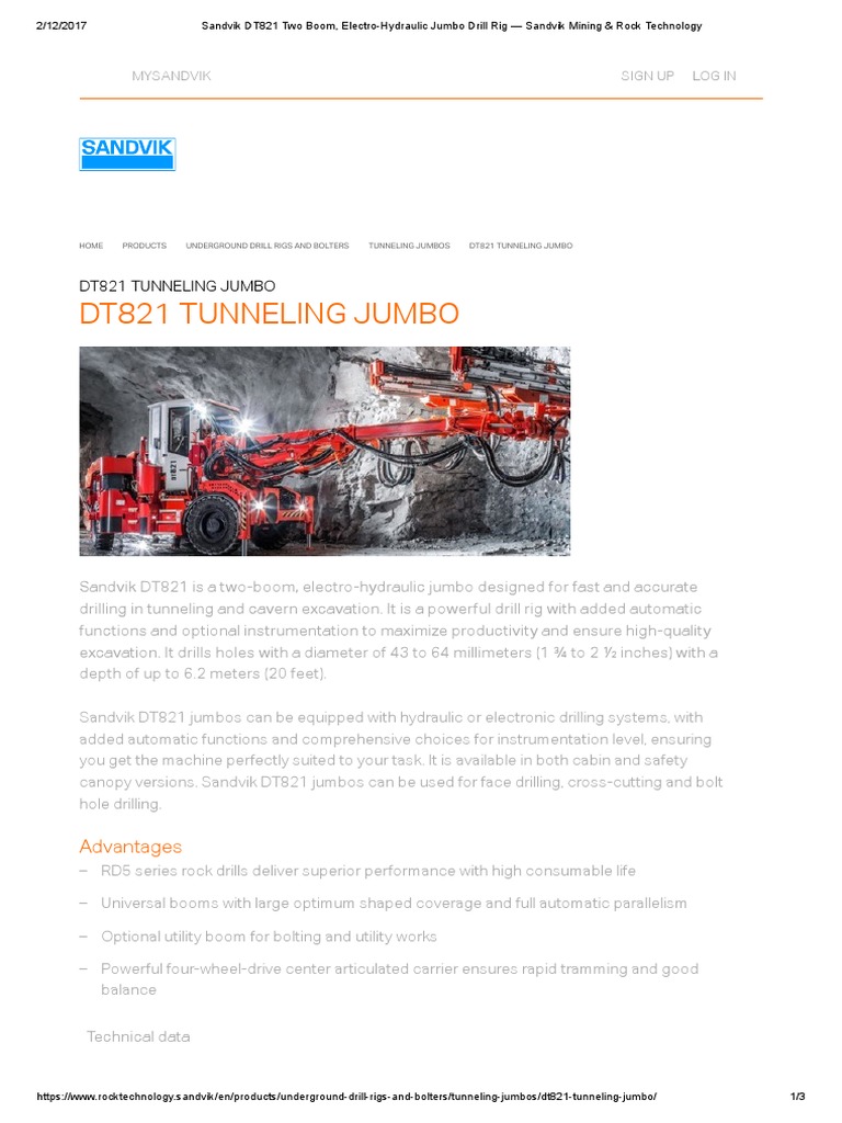 Sandvik DT821 Two Boom, Electro-Hydraulic Jumbo Drill Rig - Sandvik ...
