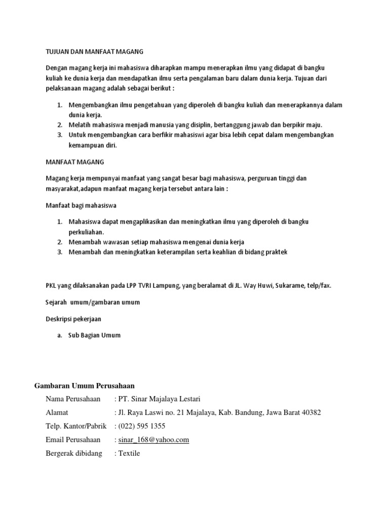 Tujuan Dan Manfaat Magang | PDF