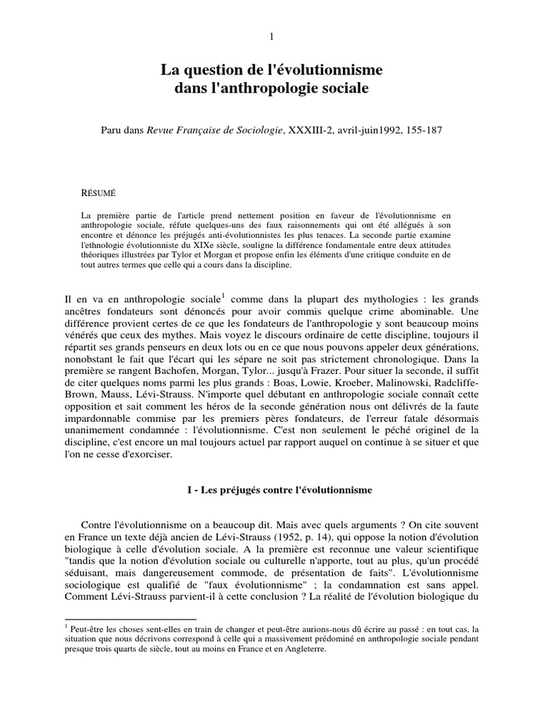 TESTART, Alain La Question de L'évolutionnisme Dans L'anthropologie ...