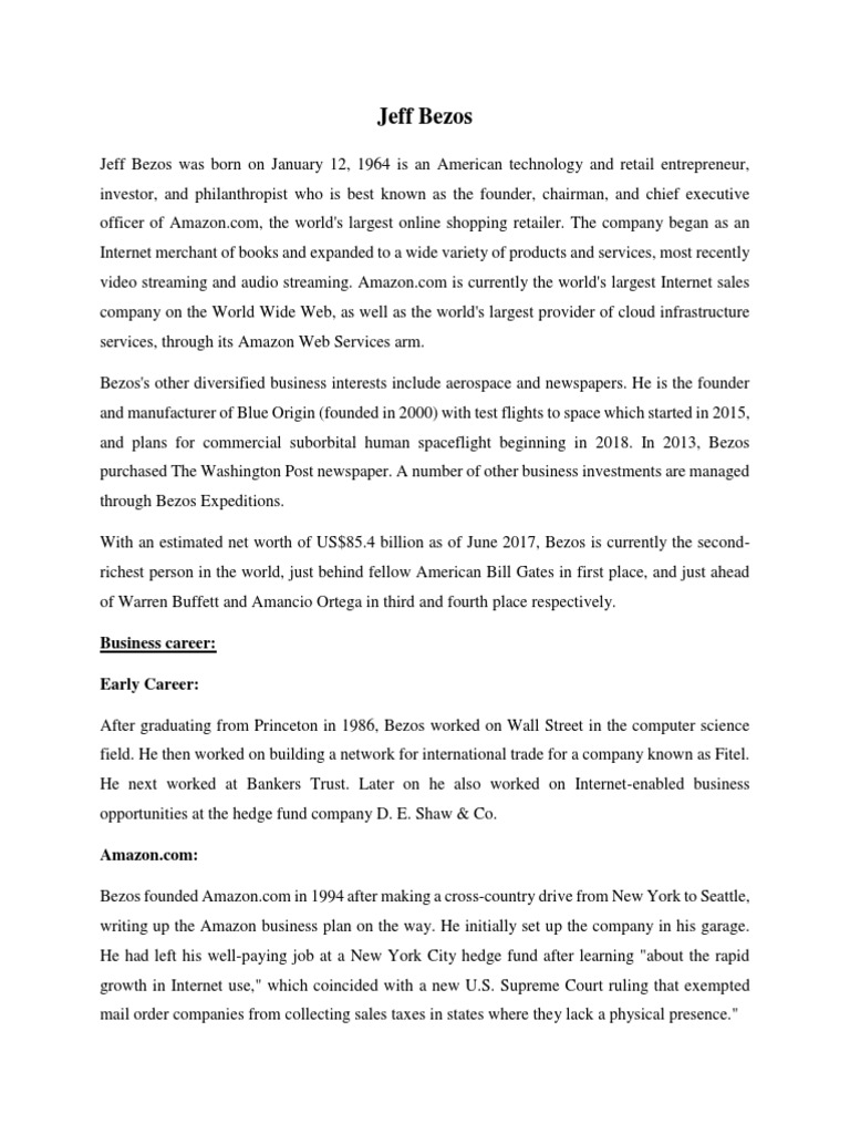 Jeff Bezos: Business Career: Early Career | Download Free PDF | Science ...