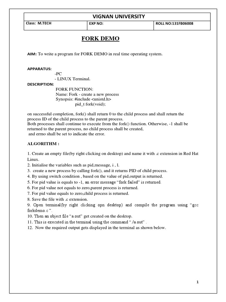 Vignan University: AIM: To Write A Program For FORK DEMO in Real Time ...