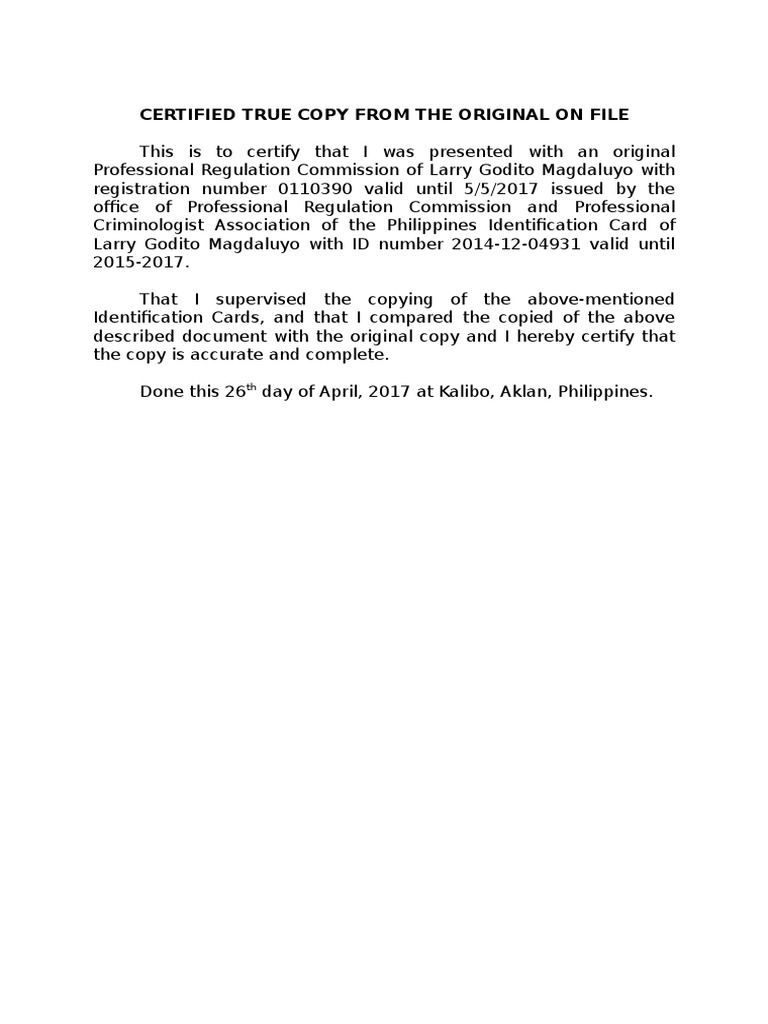 Certified True Copy Samples and Formats | PDF | Document | Government ...